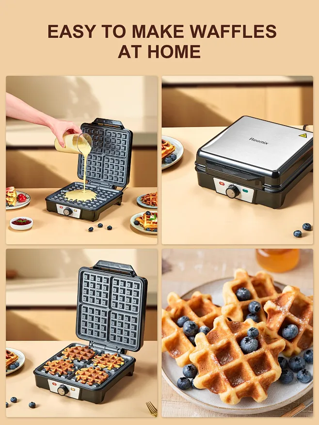 Amazon.com: Belgian Waffle Maker 4 Slices, 1200W Waffle Iron, Anti ...
