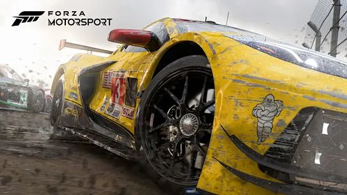 A racing Corvette shows off racing battle damage in Forza Motorsport.-花瓣网