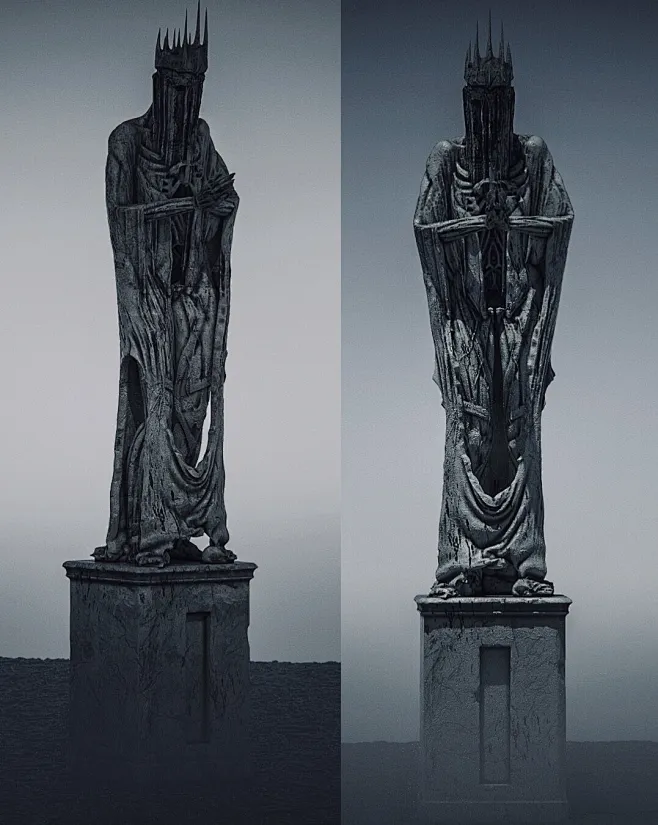 This may contain: two statues are shown side by side, one is in grey ...