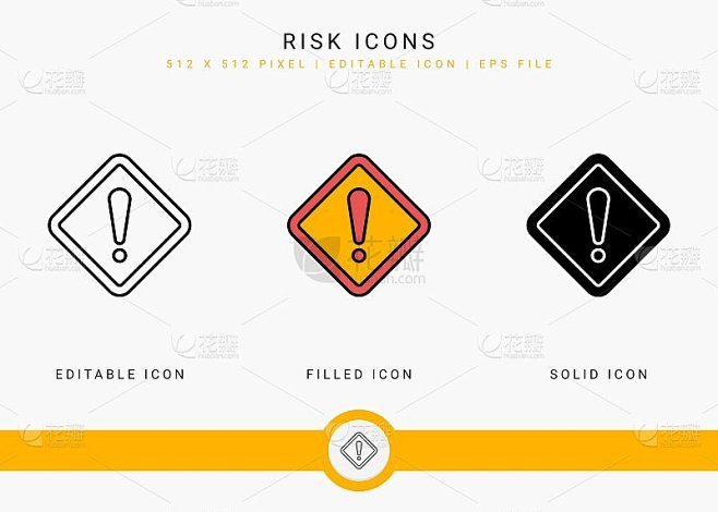 风险图标设置矢量插图与固体图标线条风格。感叹号警示概念。