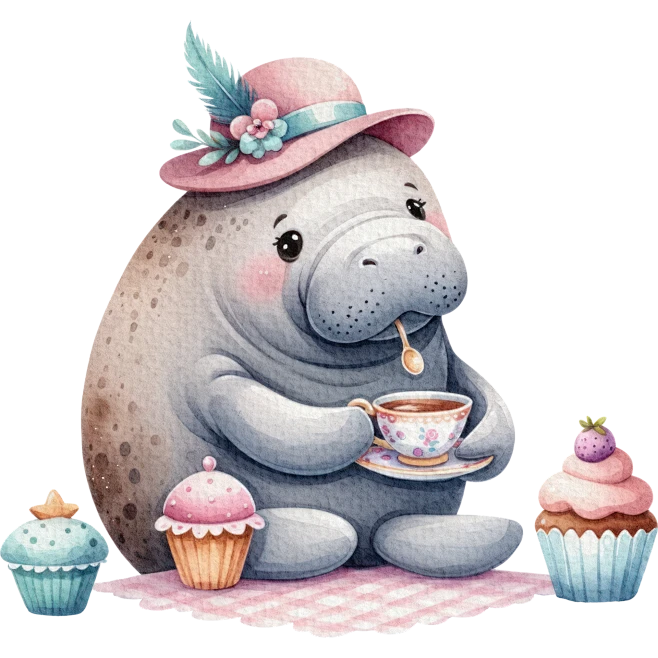 AI generated Manatee Tea Party watercolor ocean animal adorable png-花瓣网