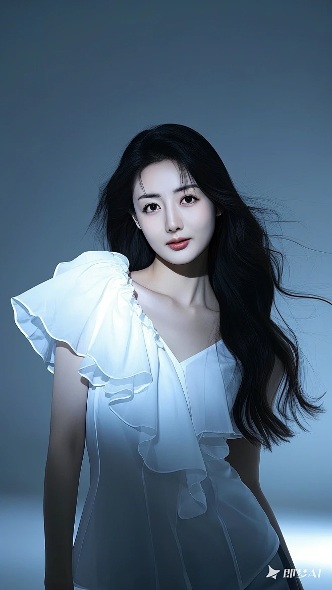 (Translucent luminescent _ beautiful woman wearing a white ruffle shirt ...