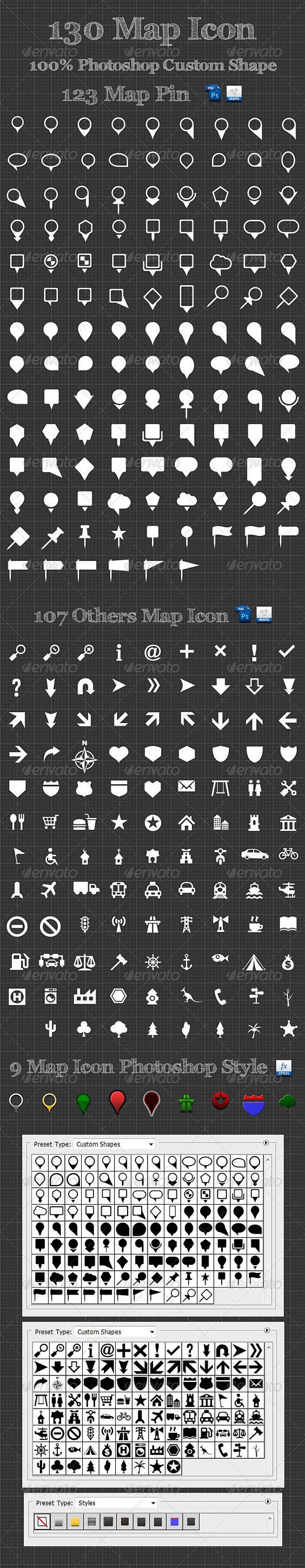 130 Map Icon Photoshop Custom Shapes - GraphicRiver