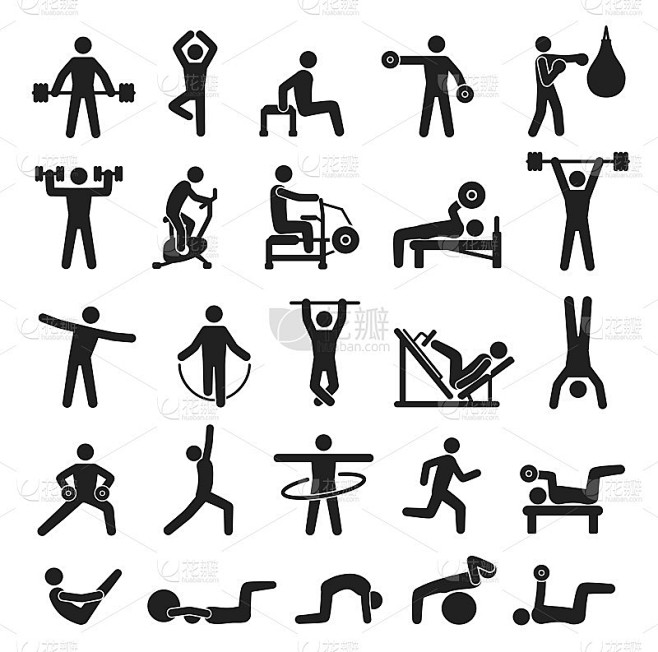 运动训练锻炼图标，健身锻炼象形图。人们举哑铃，做瑜伽，拳击。体育娱乐活动向量集