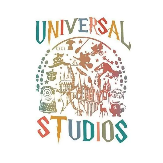 This may contain: the words universal studios are drawn in different ...