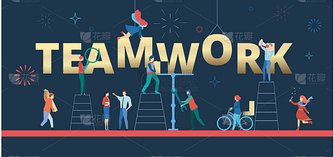 Teamwork blue banner. People working on project to