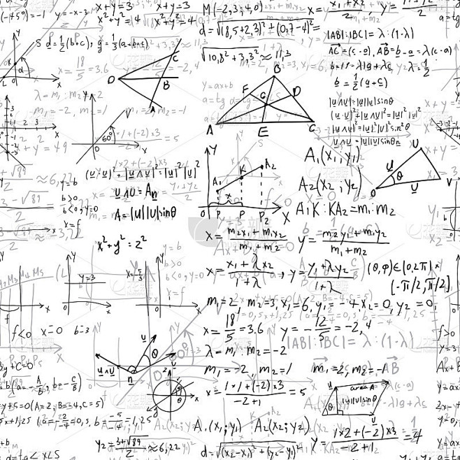 数学教育矢量无缝模式手写公式，任务，绘图，计算和几何图形。无尽的纹理。数学背景在抄写纸上手写演讲