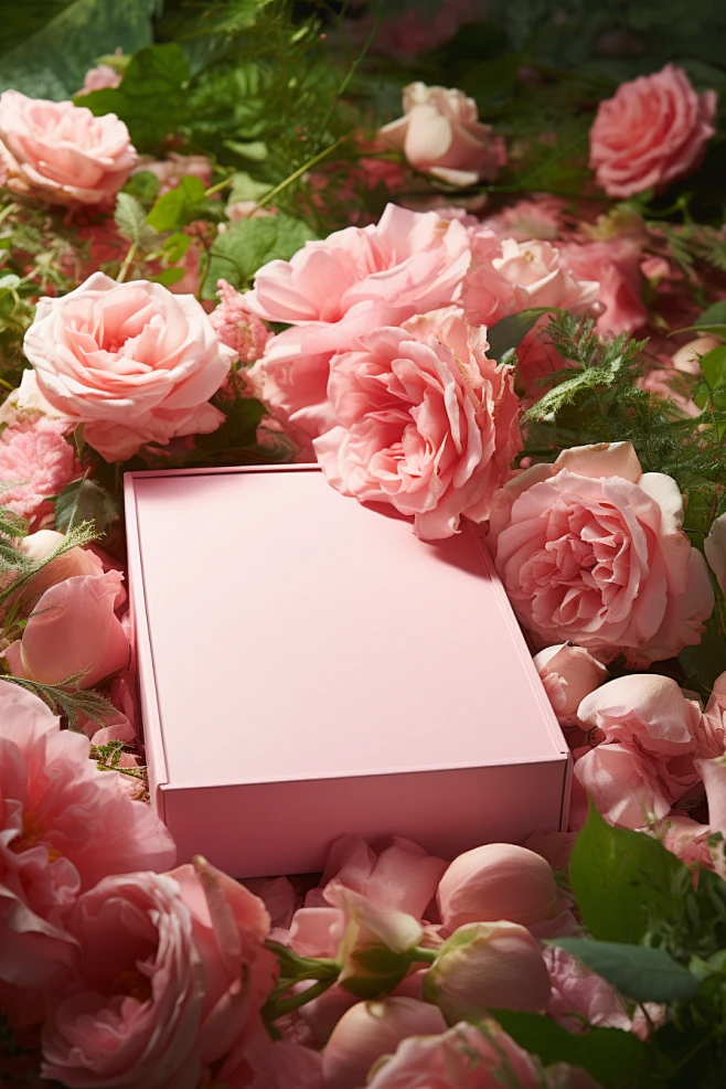 a pink box surrounded by fresh roses and green leaves, in the style of ...