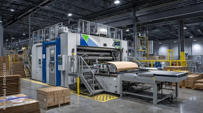 High-resolution image of industrial-scale paper processing line, with ...