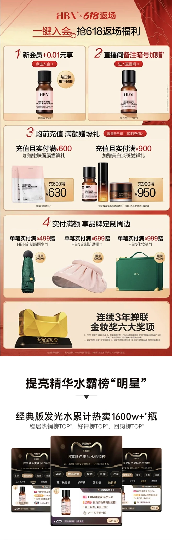 【618返场】HBN发光水0.01锁定入会充值购物金实付满赠直播间就备注暗号-花瓣网