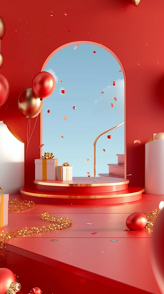 ls7623_A_red_circular_podium_with_gold_edges_surrounded_by_ball ...