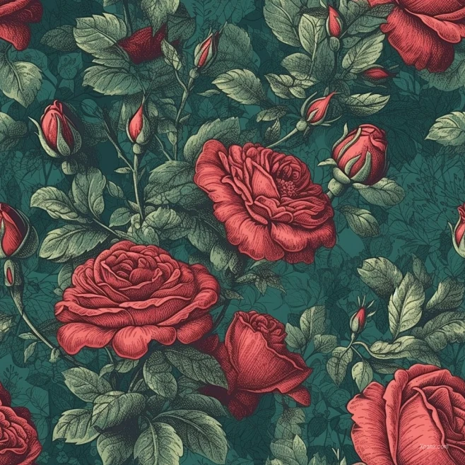 AI绘画_Prompts_AndreasK1_Vintage_red_roses_pattern_with_green_background ...