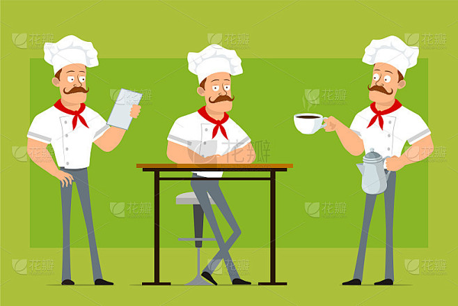 Cartoon flat strong chef cook man character set