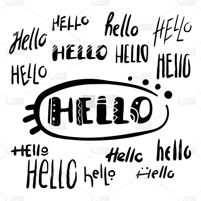 Hello set, isolated, hand drawn black and white Le