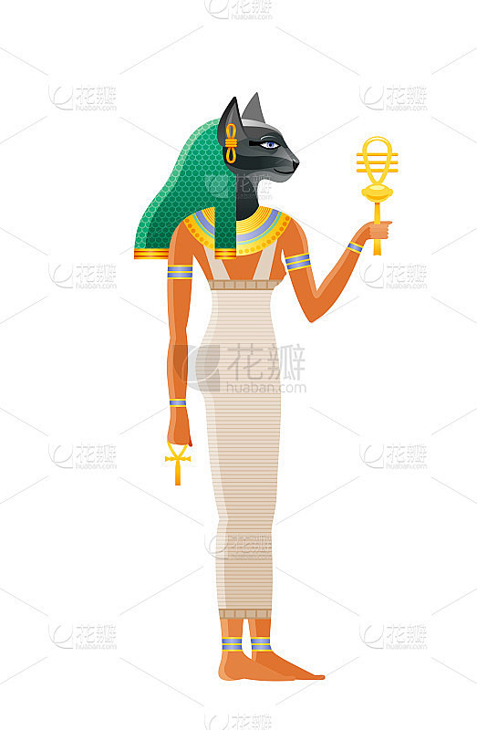 古埃及女神Bastet。神与猫头。3d卡通矢量插图。来自埃及的古老壁画艺术图标。孤立的白色背景。Ba