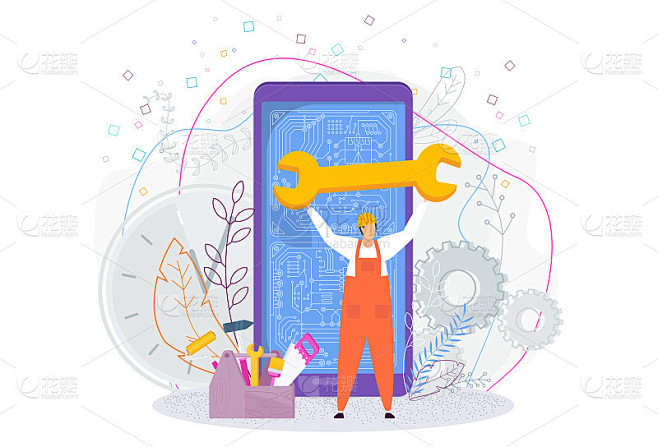 Man in a working helmet and overalls with huge too