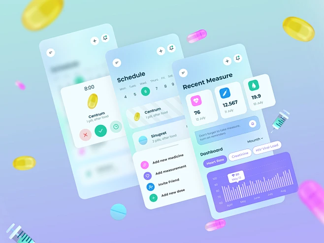 Health status in the TakePill mobile app 3d 3d modeling application clean ui design equal health ...