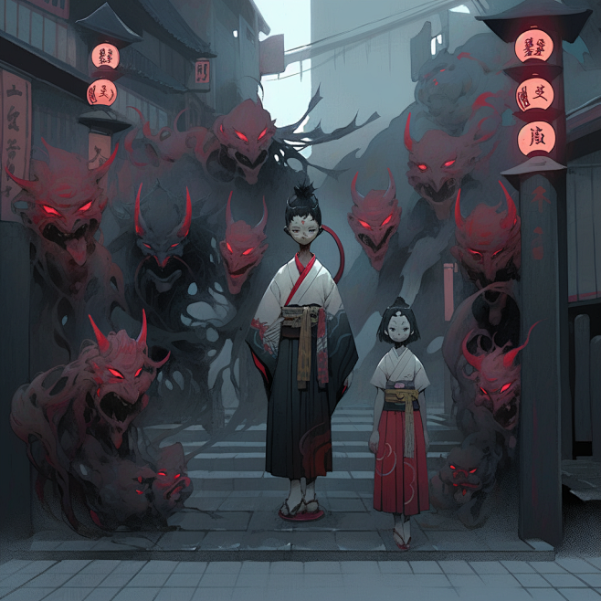 prompt:A group of demons walking on a crosswalk, ghosts and monsters, a ...