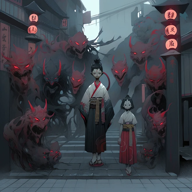 prompt:A group of demons walking on a crosswalk, ghosts and monsters, a ...