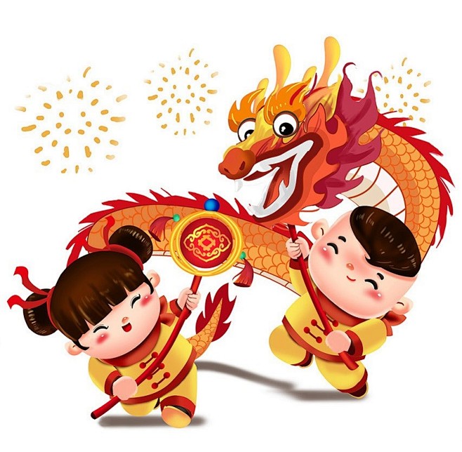 Q版喜气洋洋兔年新年卡通插画二福娃舞龙