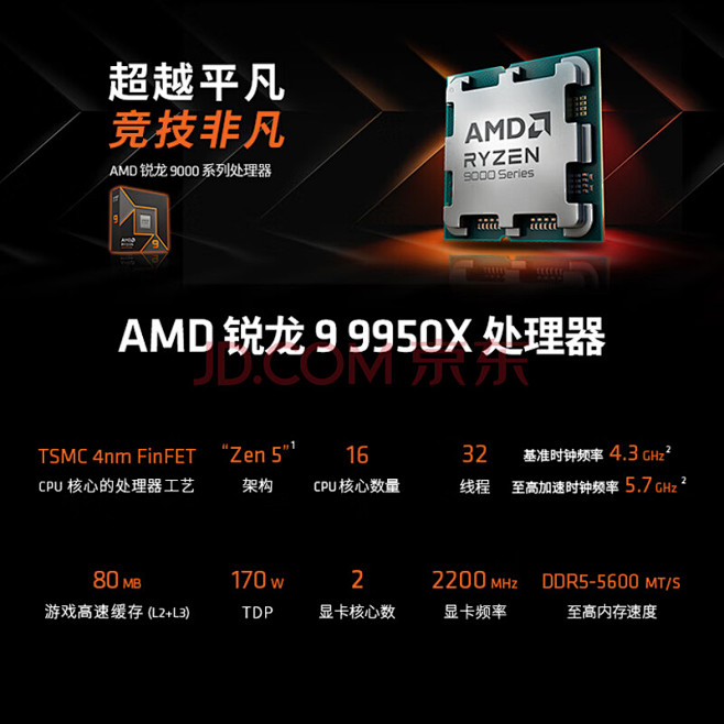 AMD 锐龙 9 9950X处理器R9 4nm 16核 32线程 加速频率至高 5