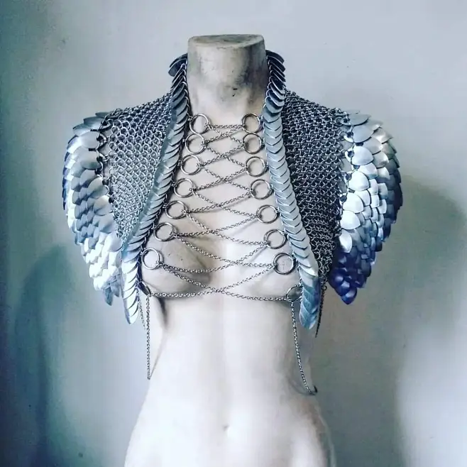 Silver Scalemail Chainmail Harness Shoulder Pauldrons Shroud image 1-花瓣网