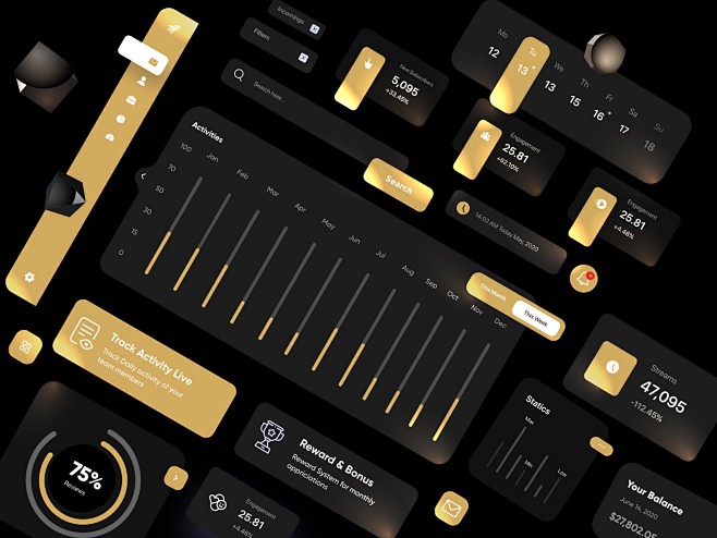 Dark Mode UI Elements cuberto mobile minimalist blur cards dark app da