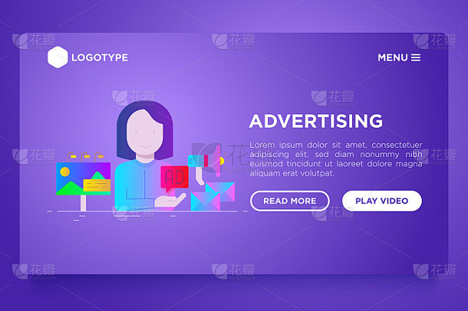 Advertising web page template: woman gives ad on b