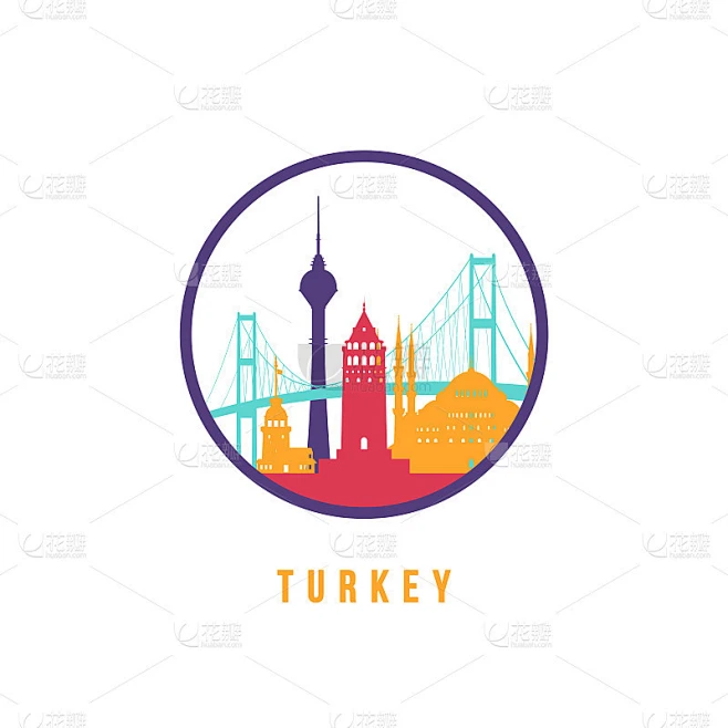 著名的土耳其地标剪影。彩色土耳其天际线圆形图标。矢量模板为邮戳，邮票，徽章或标志。图片_其他图片图片素材-花瓣网