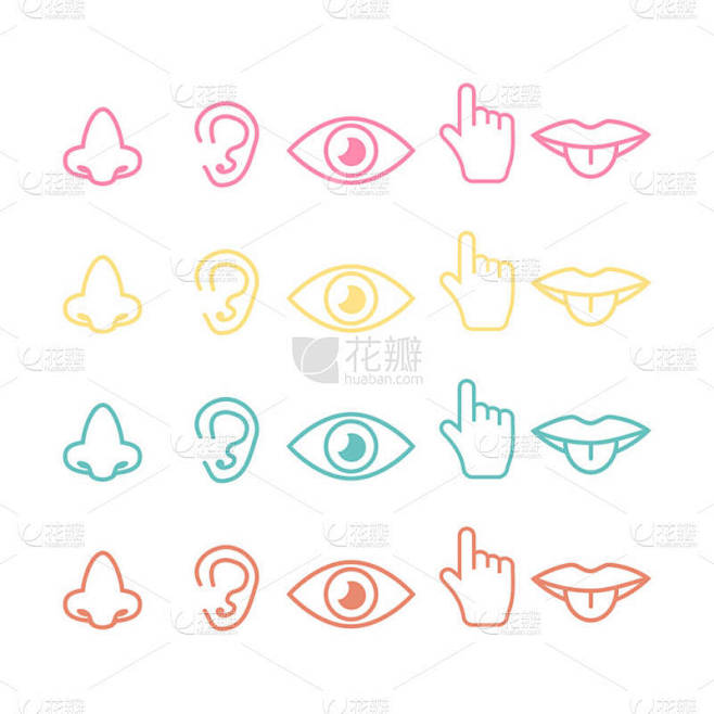 五种感官图标。视觉，嗅觉，听觉，触觉，味觉图标向量
