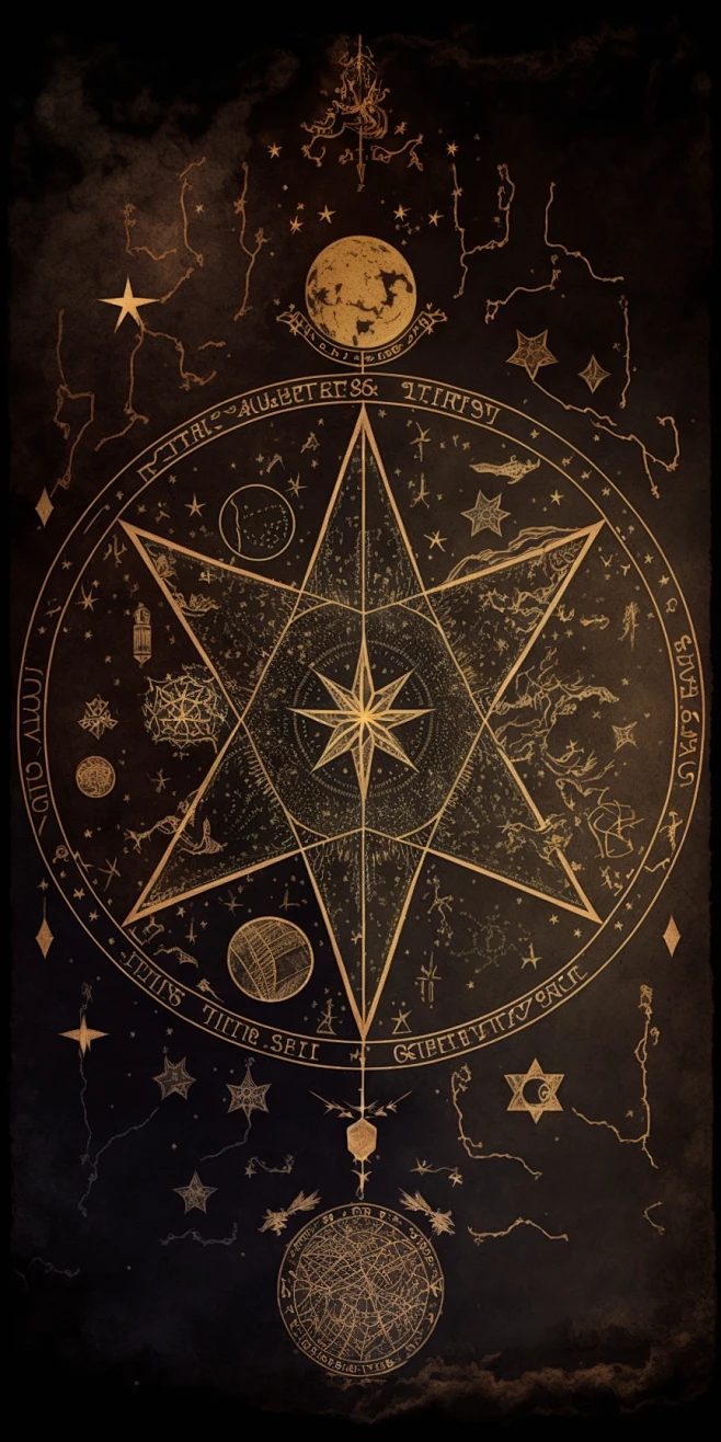 ancient map of stars marginalia with magical symbols, dark background-花瓣网