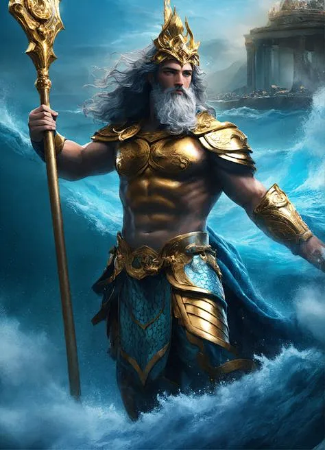God Poseidon in the raging sea with a trident in his hand, ready to ...