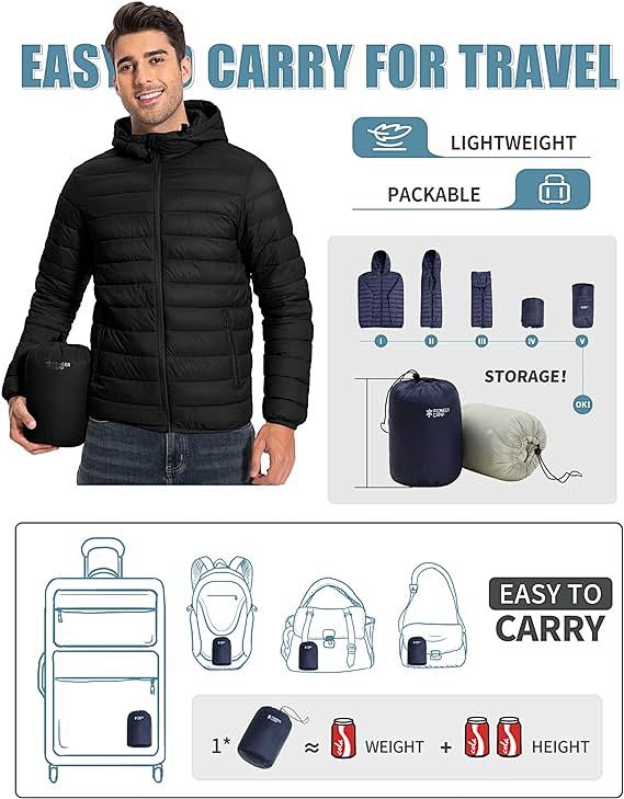 Pioneer Camp Mens Lightweight Packable Puffer Jacket Hooded Insulated ...