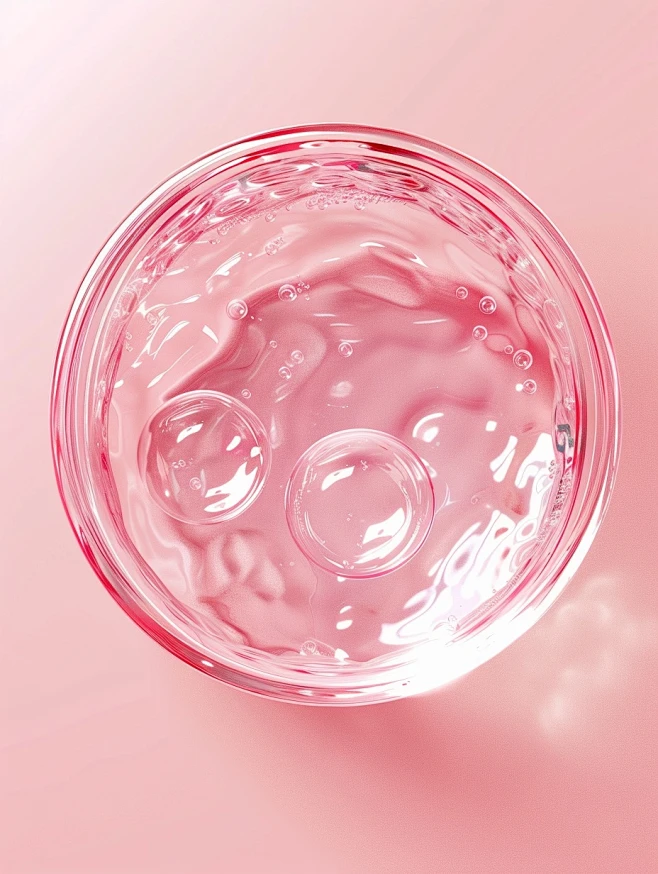 A pink circular transparent glass texture, filled with water and two ...