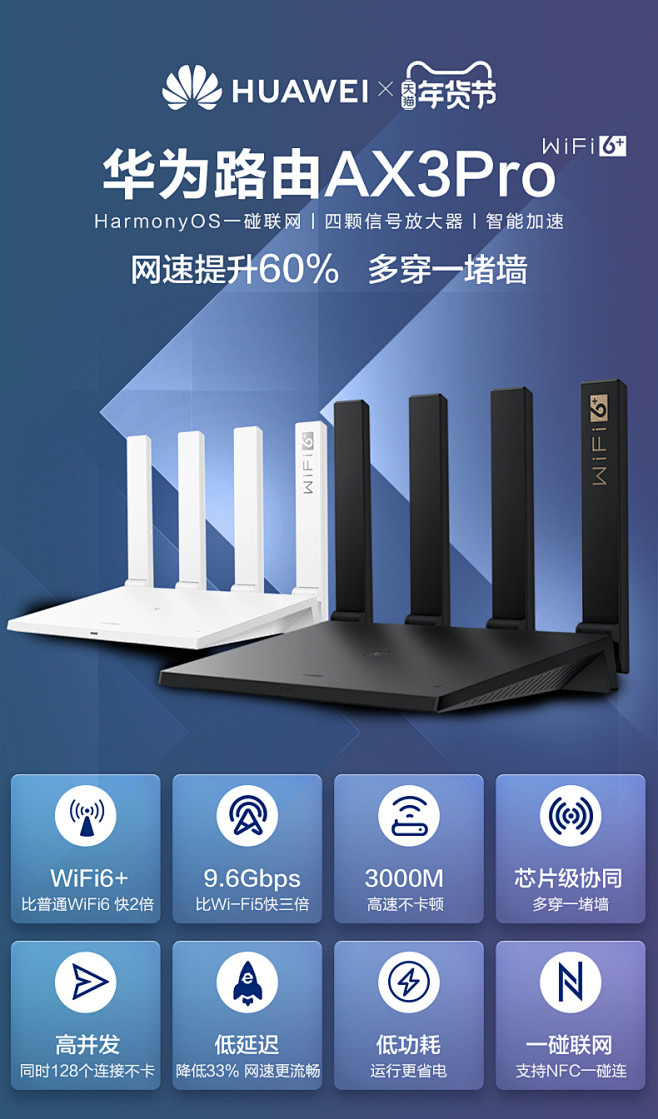 【顺丰当天发】华为路由器wifi6+千兆端口家用AX3 Pro穿墙王高速双频3000M全屋大户型无线mesh官方旗舰正品-tmall.com天猫