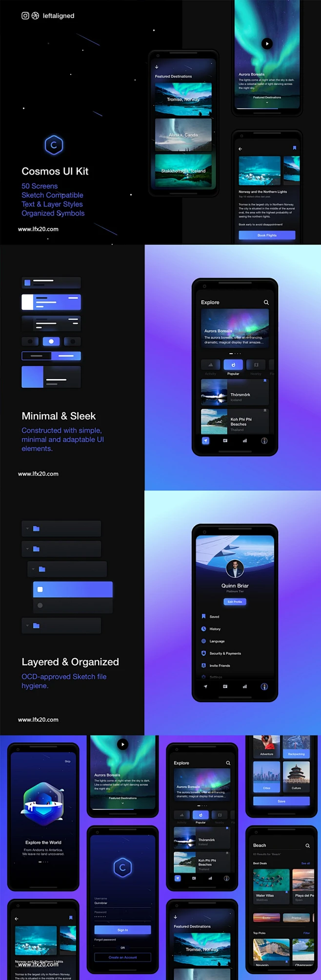 适用于Sketch的旅行和飞行Android UI工具包。，Cosmos UI工具包_UI集合_乐分享素材网_psd素材_平面素材_png素材 ...