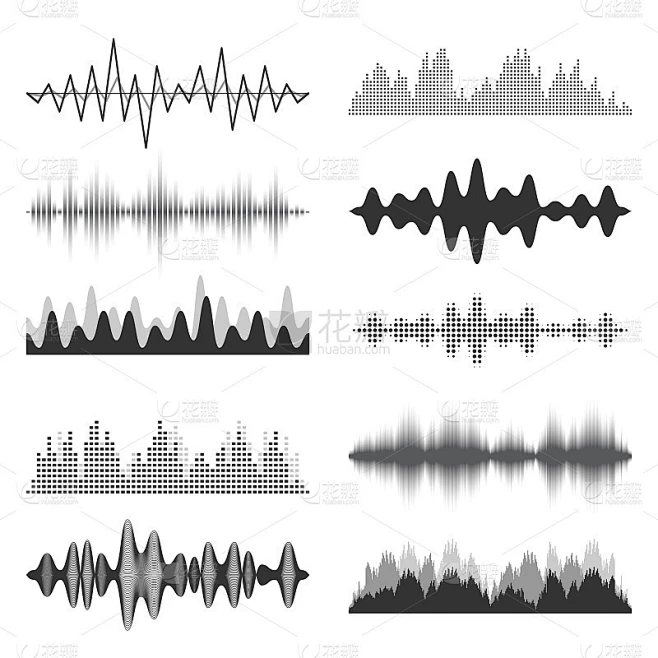 声波集合。模拟和数字音频信号。音乐均衡器。干扰录音。高频无线电波。矢量图素材-花瓣网