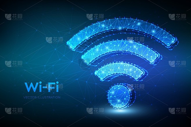 无线网络图标。低聚抽象Wi - Fi信号。Wlan接入，无线热点信号符号。移动连接区。数据传输。路由