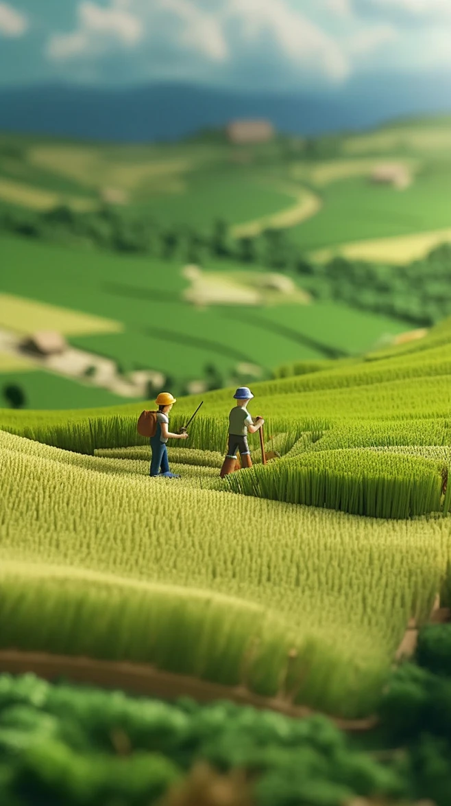 The weather is clear, the green wheat field is wide, there are two men working in the field ...