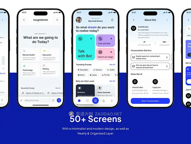 50+屏高级浅色AI智能聊天语音机器人APP应用程序UI界面设计Figma模板套件素材 Ngobot – AI Chatbot Premium UI KIts App插图3-花瓣网
