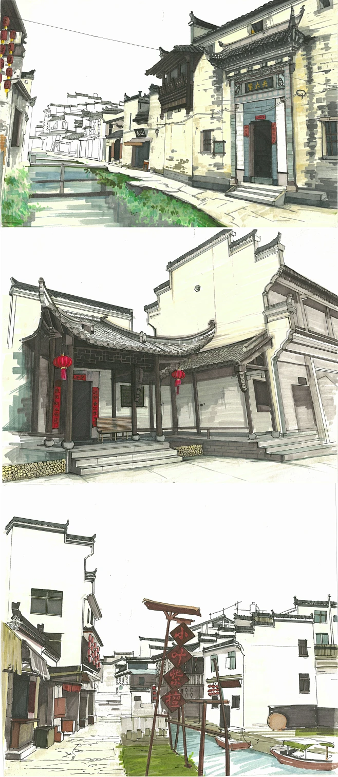 马克笔手绘徽州-花瓣网