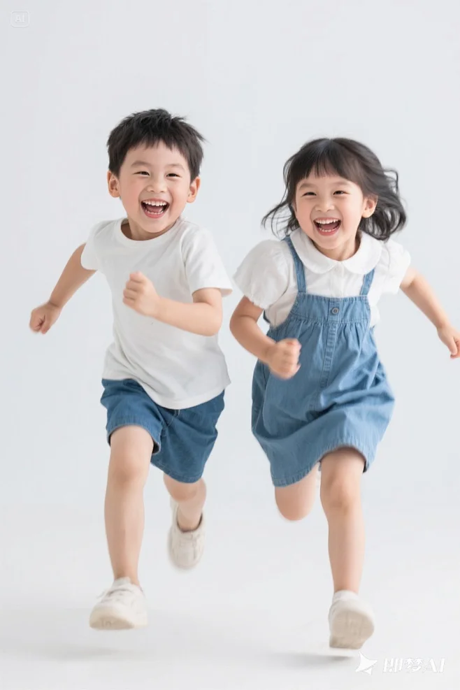 jimeng-2025-06-09-8794-白色背景，一男一女两个笑容灿烂的小朋友，奔跑，开心的，动态的，挨得近-花瓣网