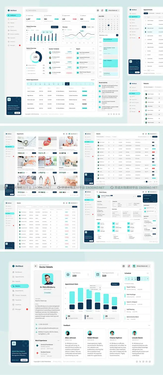 12屏现代简约医院数据统计管理后台仪表盘web ui界面设计figma模板素材 WellNest – Hospital Management ...