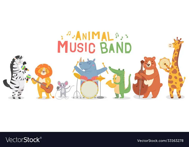This may contain: an animal music band with animals and giraffes-花瓣网