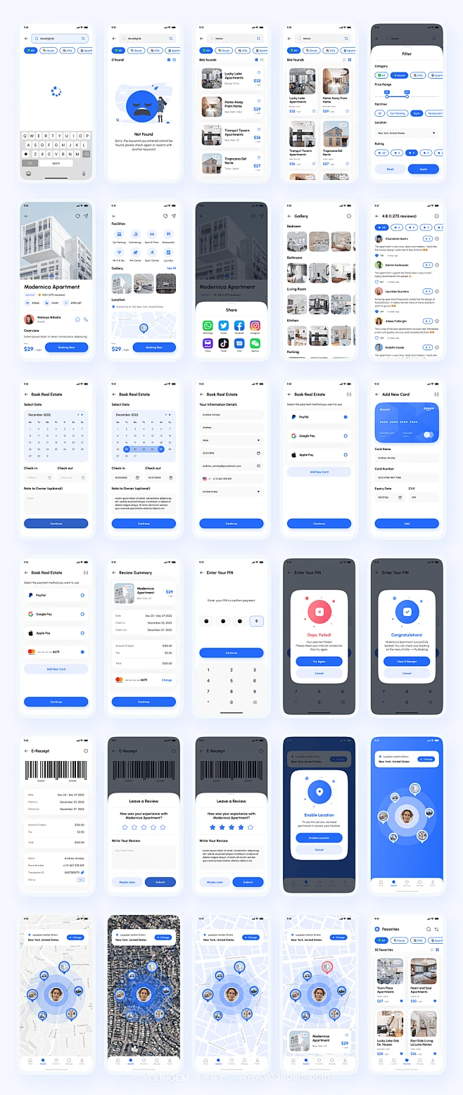 170多屏国外房地产在线看房售房app界面设计蓝色ui套件明暗模板下载_颜格视觉-花瓣网