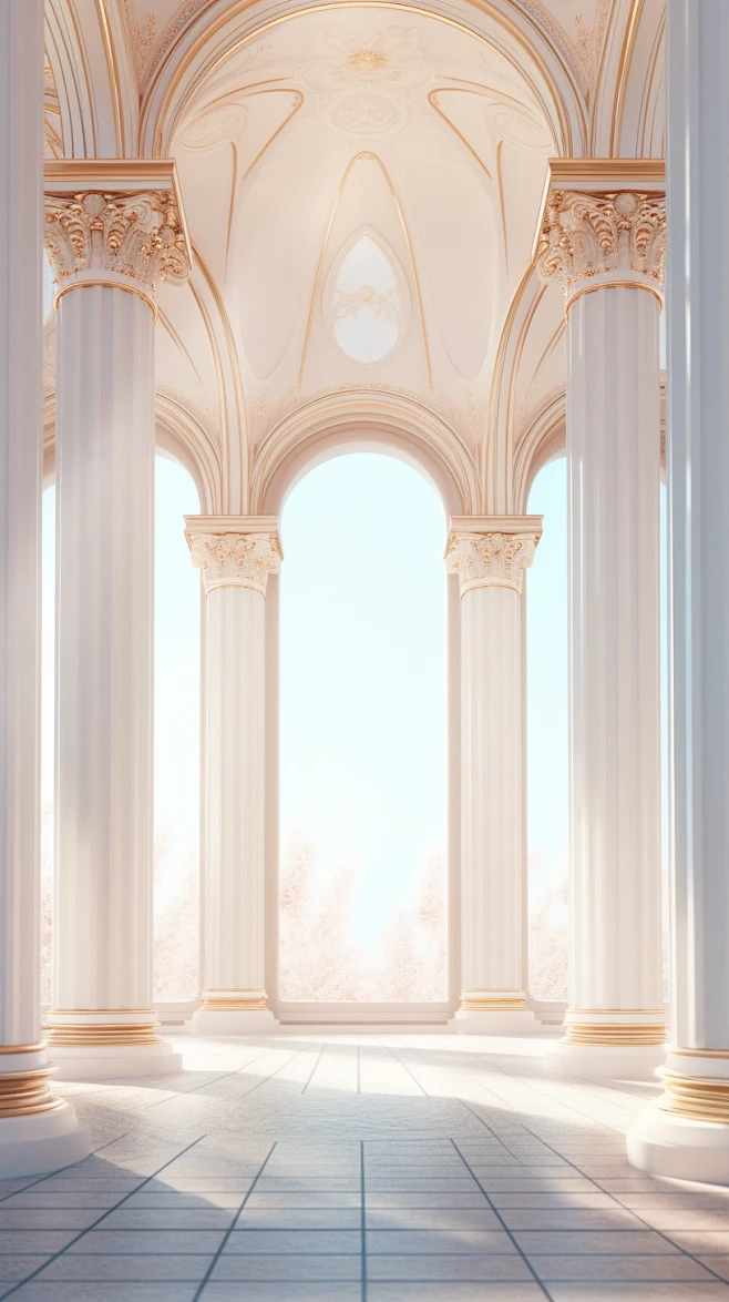 an elegant interior design with columns and arches, in the style of ...