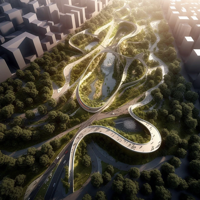 master plan aerial shot, curvy designs, future of urban park,-花瓣网
