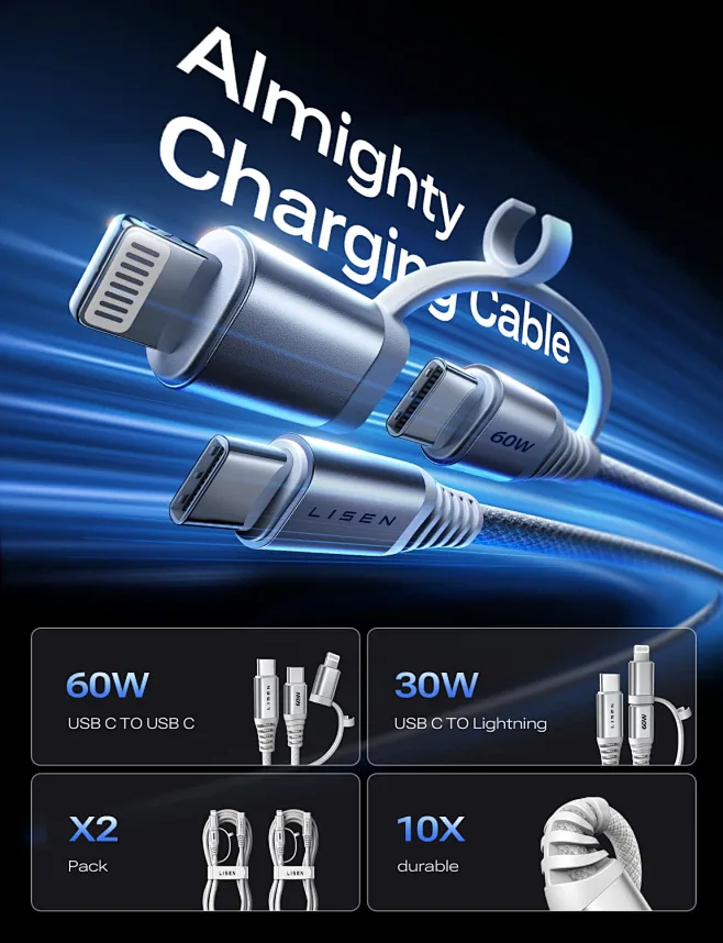 Amazon.com: LISEN 2-in-1 USB C Cable Lightning Cable 60W [2Pack/6ft ...