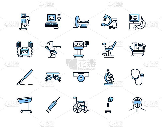 体检设备平线图标设置为蓝色。矢量插图诊断工具。对病人进行完整调查的符号。可编辑的中风