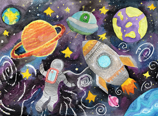 水彩画的孩子画太空行星火箭